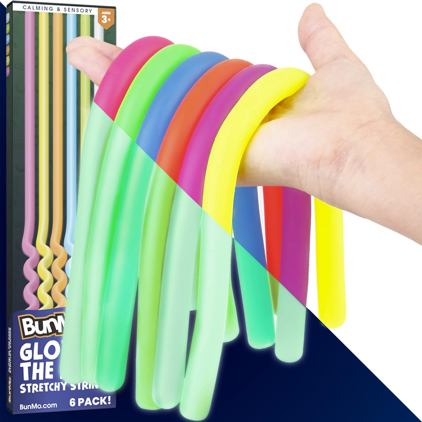 BUNMO Glow in The Dark Stretchy Strings 6pk | Calming Sensory Toy | Perfect Fidget Toy for Anxiety & Stress | Addictive & Fun | Party Favors for Kids | Stimulating & Soothing Fidget Toy