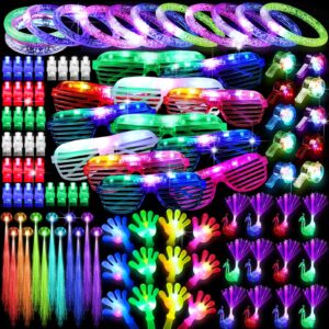 122 pcs glow in the dark party supplies light up toy party favors with 12 flashing glasses led bracelets flashing hair neon peacock finger light led whistle glow hand clappers and 50 finger lights