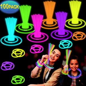 leetous 4th of july 8" glow sticks party pack-100,light up bracelets & necklaces accessories for kids,neon glow in the dark party favor supplies decorations for birthday,camping, patriotic activities