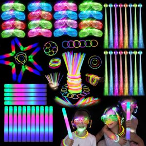 baijle 148 pcs glow in the dark party supplies, 16pcs foam glow sticks, 16pcs led glasses,100pcs glow sticks bracelets and 16pcs led hair clips fiber optic for glow party, new year, wedding, concert