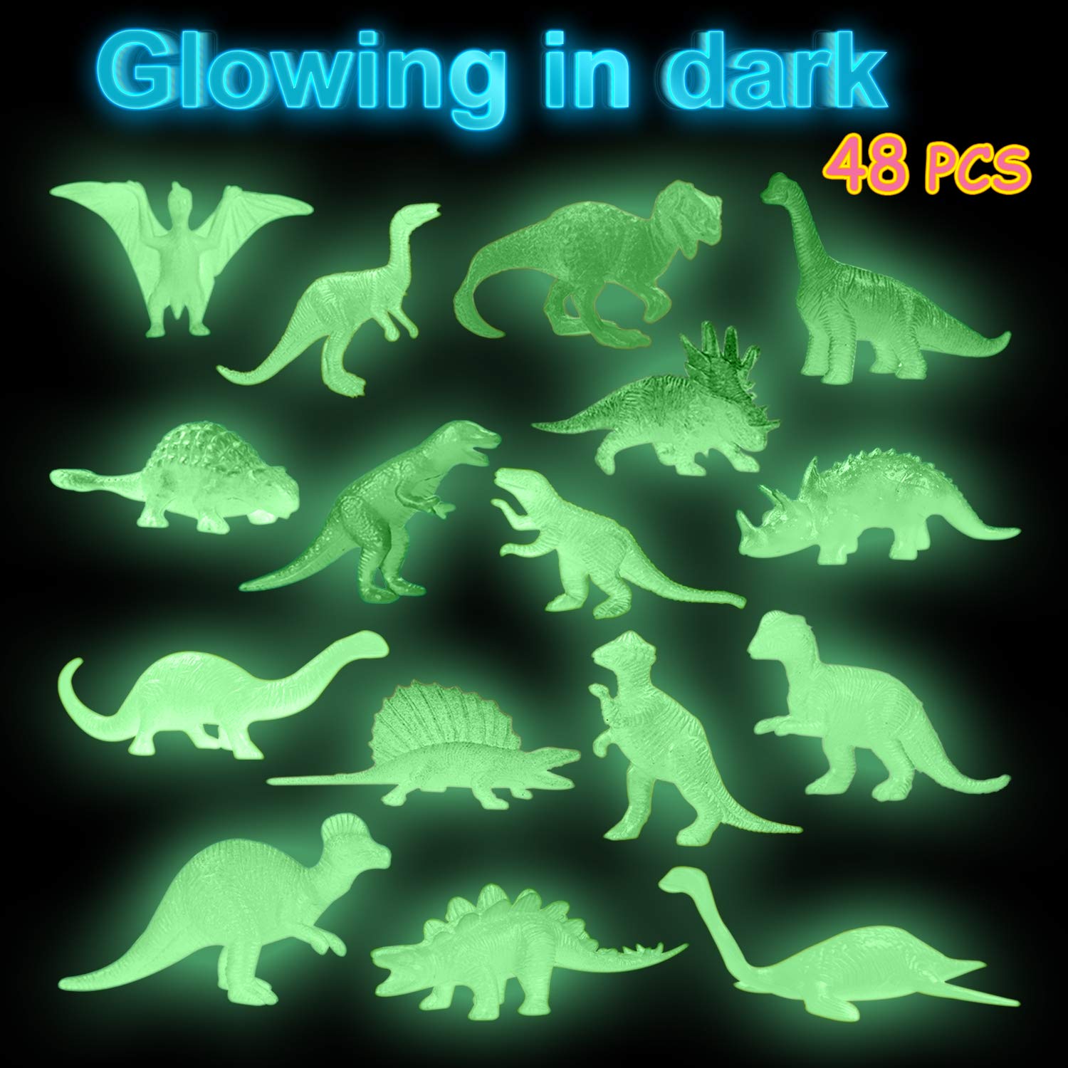 48Pcs Glow in Dark Mini Dinosaur Figures Birthday Party Favors Supplies Dino Cupcake Toppers Goodie Bags Stuffers Pinata Goody Fillers Classroom Prizes Treasure Box Gifts Halloween Treats Kid Boy Girl