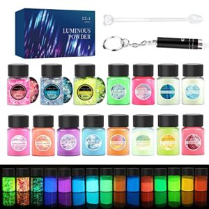 glow in the dark pigment powder 15 jar -12 color glow pigment and 3 color luminous flake with uv lamp - epoxy resin luminous powder for slime kit,skin, nail safe long lasting self glowing dye for diy…