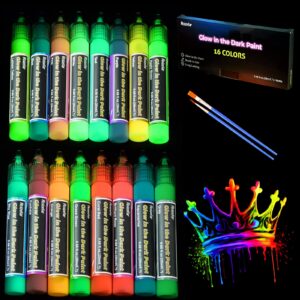 roizefar fabric paint, 16 colors glow in the dark paint, 3d permanent acrylic textile paint (20 ml/0.68 oz), neon craft painting fabric paint for clothes, canvas, t-shirt, ideal for art supplies and