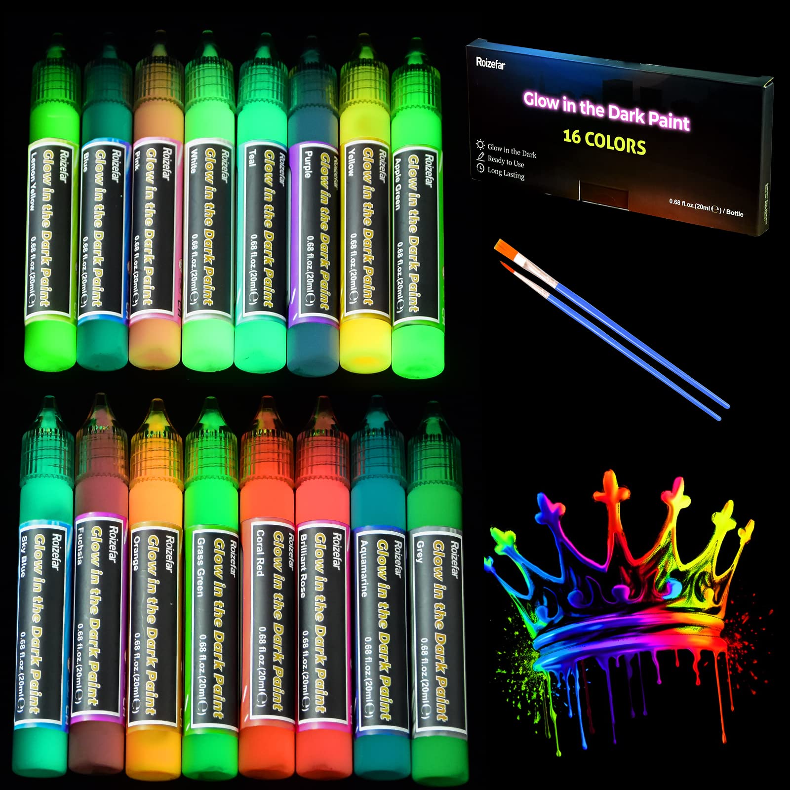 Roizefar Fabric Paint, 16 Colors Glow in the Dark Paint, 3D Permanent Acrylic Textile Paint (20 ml/0.68 oz), Neon Craft Painting Fabric Paint for Clothes, Canvas, T-Shirt, Ideal for Art Supplies and