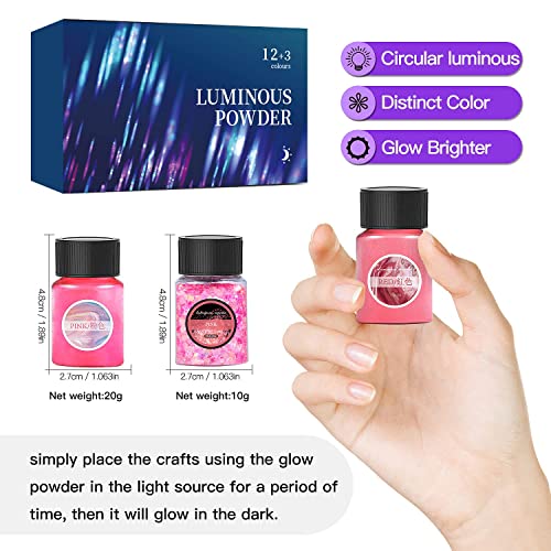 Glow in The Dark Pigment Powder 15 Jar -12 Color Glow Pigment and 3 Color Luminous Flake with UV Lamp - Epoxy Resin Luminous Powder for Slime Kit,Skin, Nail Safe Long Lasting Self Glowing Dye for DIY…