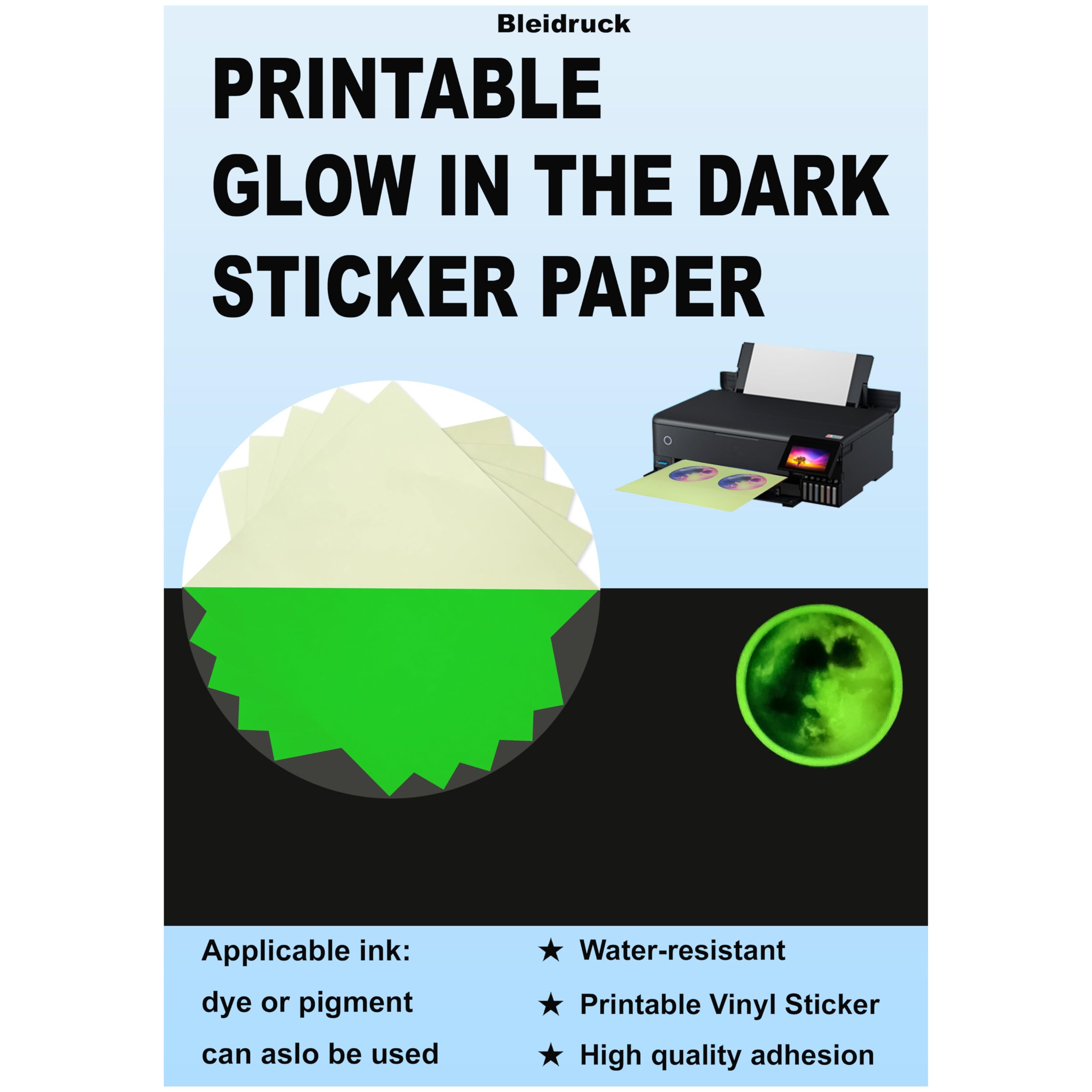 Printable Glow in The Dark Sticker Paper 8.5x11 inch 5 Sheets Luminous Water-resistant Vinyl Sticker Paper for Inkjet Printer