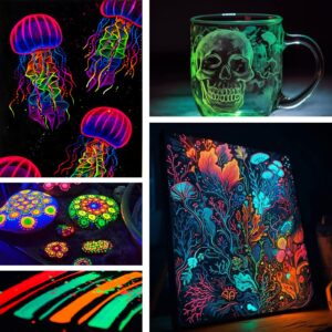 Roizefar Fabric Paint, 16 Colors Glow in the Dark Paint, 3D Permanent Acrylic Textile Paint (20 ml/0.68 oz), Neon Craft Painting Fabric Paint for Clothes, Canvas, T-Shirt, Ideal for Art Supplies and