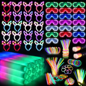 shqdd 260pcs glow in the dark party supplies, glow sticks glasses favors, 20pcs foam glow sticks, 20pcs led glasses, 20pcs bunny ear headband and 200pcs glow sticks for neon party for kids or adults