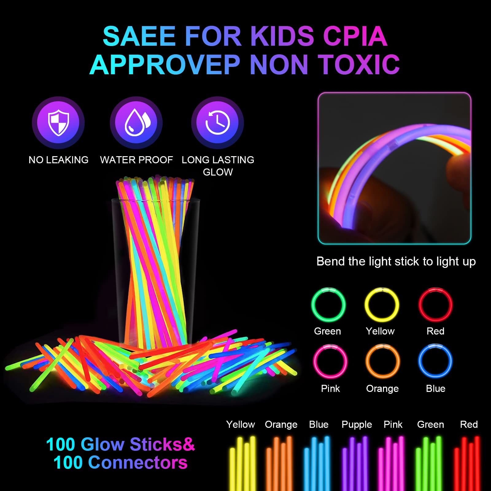 SHQDD 260PCS Glow in the Dark Party Supplies, Glow Sticks Glasses Favors, 20PCS Foam Glow Sticks, 20PCS LED Glasses, 20PCS Bunny Ear Headband and 200PCS Glow Sticks for Neon Party for Kids or Adults