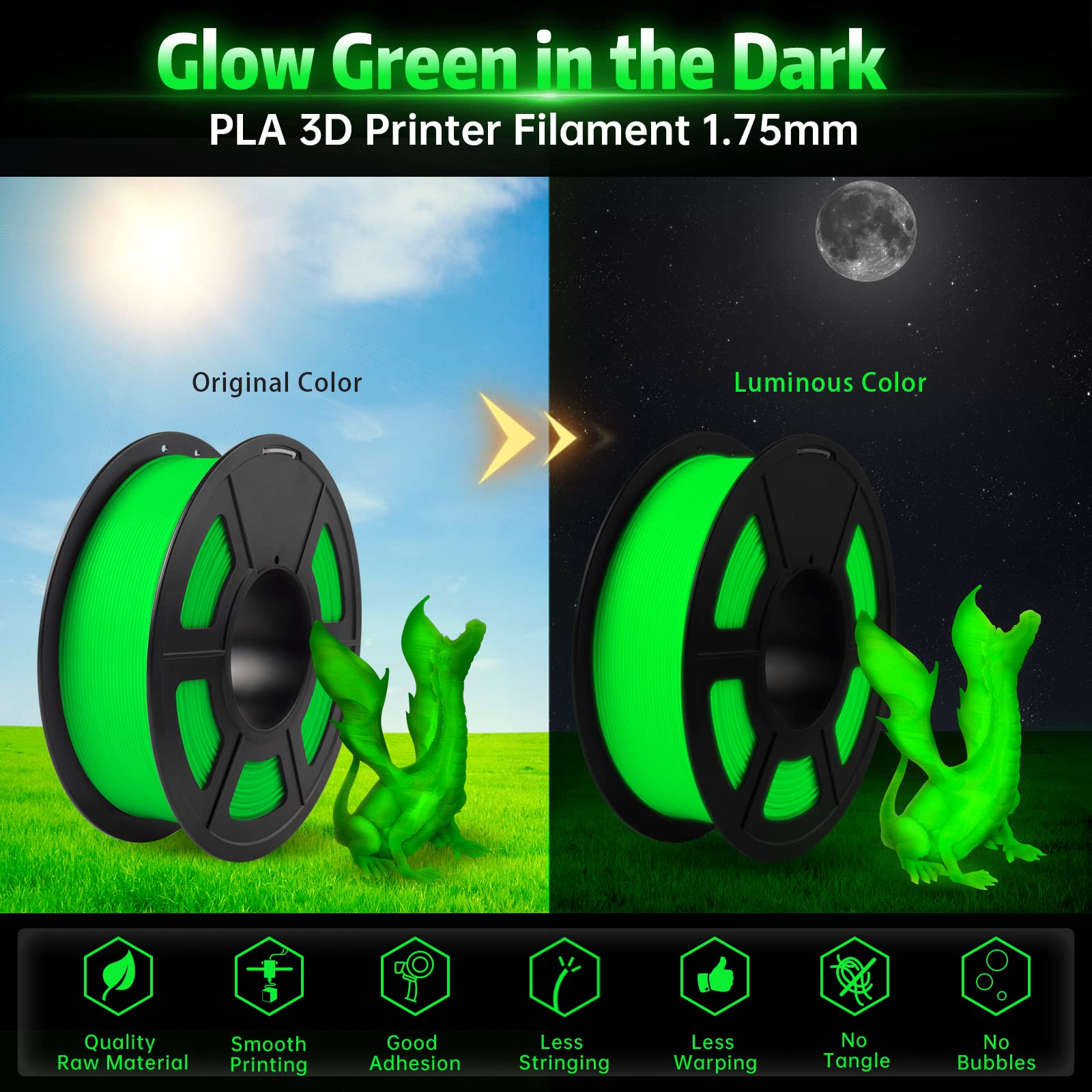 SUNLU Glow in The Dark PLA Filament, Neatly Wound Luminous PLA 3D Printer Filament 1.75mm Dimensional Accuracy +/- 0.02mm, Fit Most 3D Printers, 1kg Spool (2.2lbs), 330 Meters, Green PLA, Glow Green