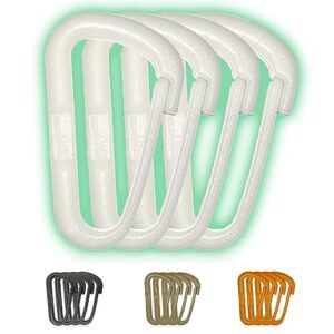 breakwater supply™ hingeless glow in the dark carabiner hooks 4 pack, small 2-inch gear attachment clips for keys, water bottle, backpack, molle + ultralight, d-ring, d-shape (white with green glow)