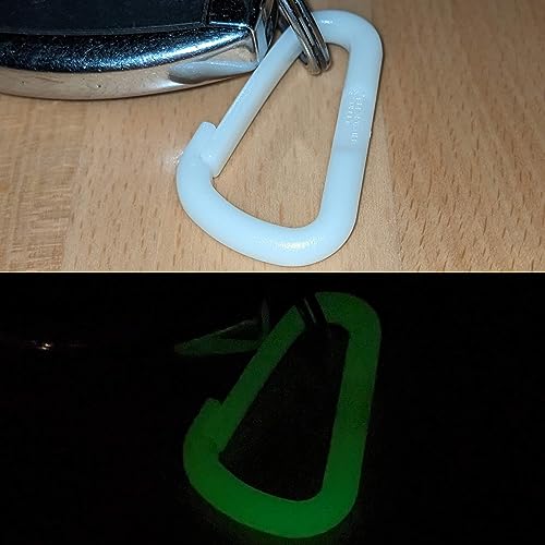 Breakwater Supply™ Hingeless Glow in The Dark Carabiner Hooks 4 Pack, Small 2-inch Gear Attachment Clips for Keys, Water Bottle, Backpack, MOLLE + Ultralight, D-Ring, D-Shape (White with Green Glow)