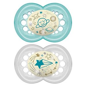 mam night pacifiers (2 count), mam pacifiers 6+ months, best pacifier for breastfed babies, glow in the dark pacifier, baby unisex pacifier, 6-16- 2 count (pack of 1)