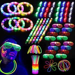 166pcs glow in the dark party supplies for kid/adults,led light up party favors toys with 100 glow stick bulk, 40 finger lights, 16 flashing glasses, 10 tubes sensory birthday halloween neon supplies