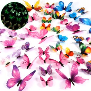 96 pieces glow in the dark luminous 3d butterfly wall decals decor removable butterfly stickers diy art crafts decor for kids bedroom home garden decorations christmas (pink, purple, mixed)