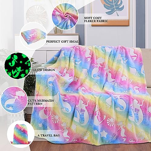 Poemuphi Glow in The Dark Blanket - Soft Cozy Mermaid Throw Blanket for Girls, Ideal Gifts for Kids, 50"×60" Colorful