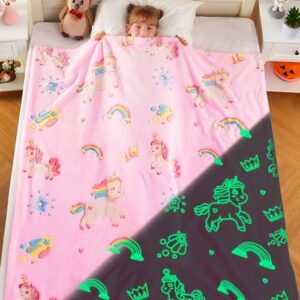 inhand glow in the dark blanket unicorn kids throw blanket for couch unicorn soft fleece blanket gift for 4-12 girls fuzzy room decor birthday toys, 50"x60", pink