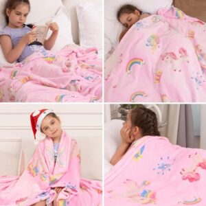 inhand Glow in The Dark Blanket Unicorn Kids Throw Blanket for Couch Unicorn Soft Fleece Blanket Gift for 4-12 Girls Fuzzy Room Decor Birthday Toys, 50"x60", Pink