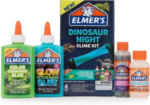 elmer’s glue slime kit, dinosaur night, makes color changing and glow in the dark slime, includes liquid glue and slime activator, 4 count