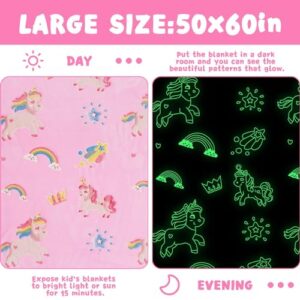 inhand Glow in The Dark Blanket Unicorn Kids Throw Blanket for Couch Unicorn Soft Fleece Blanket Gift for 4-12 Girls Fuzzy Room Decor Birthday Toys, 50"x60", Pink