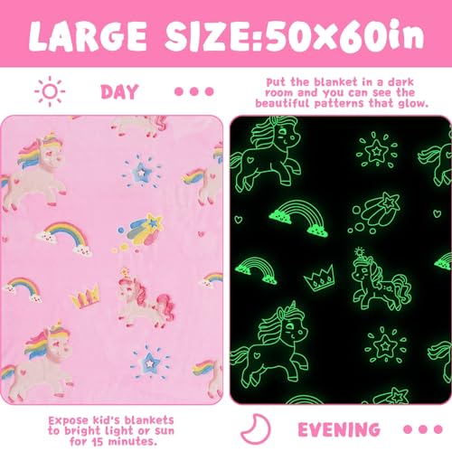 inhand Glow in The Dark Blanket Unicorn Kids Throw Blanket for Couch Unicorn Soft Fleece Blanket Gift for 4-12 Girls Fuzzy Room Decor Birthday Toys, 50"x60", Pink