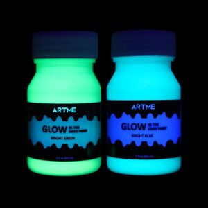 artme glow in the dark paint, glow paint set of green and blue colors (60ml/2oz, each) acrylic glow paint perfect for art painting, diy projects, halloween decorations, adults, artists, and students