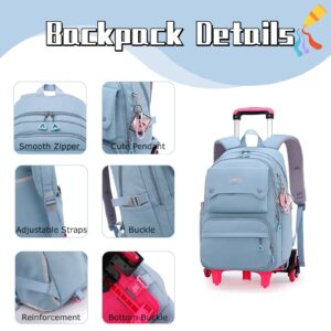 LANSHIYA Solid Color Girls Rolling Backpack with Wheels Schoolbag Elementary School Student Trolley Daypack