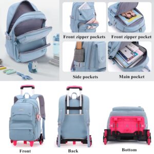 LANSHIYA Solid Color Girls Rolling Backpack with Wheels Schoolbag Elementary School Student Trolley Daypack