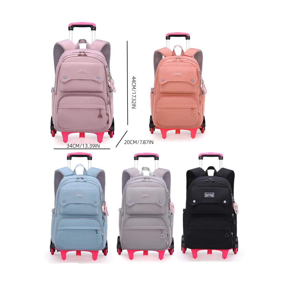 LANSHIYA Solid Color Girls Rolling Backpack with Wheels Schoolbag Elementary School Student Trolley Daypack