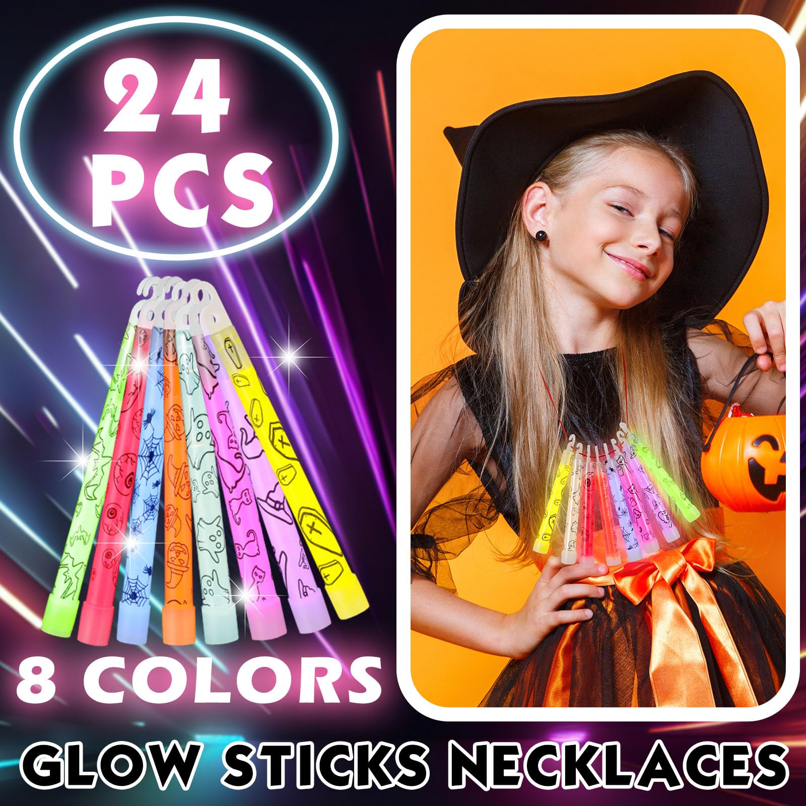 Jenaai 24 Pcs Halloween Glow Sticks Bulk Hanging Wands 6 Inch Mini Glow Sticks Halloween Goodie Bags Fillers Glow in the Dark Party Favors Halloween Party Favors Halloween Party Supplies, 8 Styles