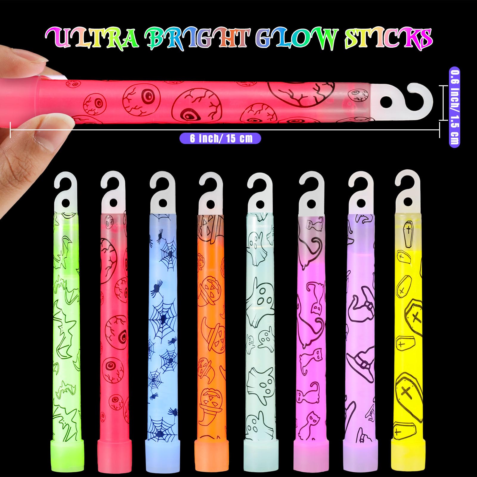 Jenaai 24 Pcs Halloween Glow Sticks Bulk Hanging Wands 6 Inch Mini Glow Sticks Halloween Goodie Bags Fillers Glow in the Dark Party Favors Halloween Party Favors Halloween Party Supplies, 8 Styles