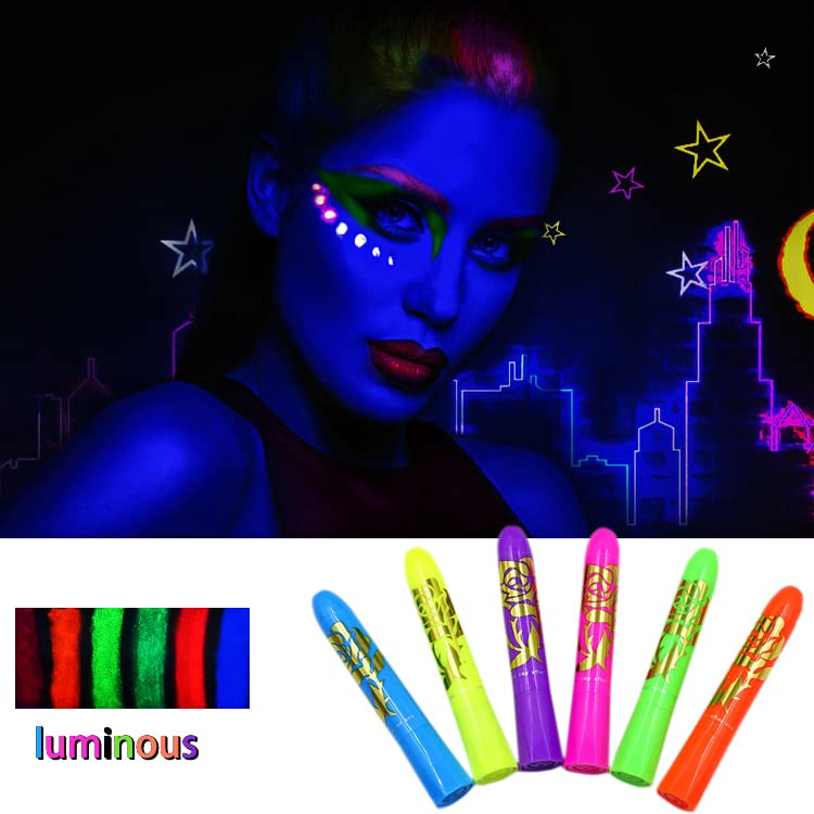 6PCS Glow in The Dark Face Paint Crayons UV Neon sign Halloween Carnival Night glow makeup Paint - Safe, Washable,