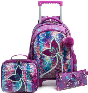 mermaid rolling backpack for gilrs backpacks with wheels for elementary school bag trolley trips kids luggage with lunch box for preschool students