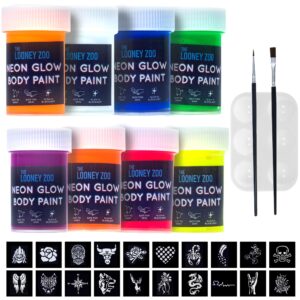 neon glow in the dark uv paint kit - 8 colors, brushes, paint pallet, and stencils - self luminous acrylic paints for party decor, festivals, body & face art - blacklight activated