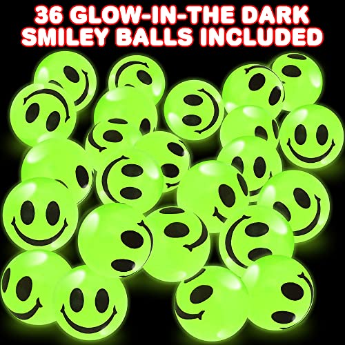 ArtCreativity Glow in The Dark Smile Face Bouncy Balls - Bulk Pack of 36, 1 Inch High Bounce Balls for Kids, Christmas Party Favors, Goodie Bag Stuffers for Boys and Girls