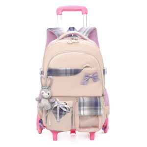 gloomall cute rolling backpack school girls boys, lightweight trolley travel bag with 6 wheels classic roller luggage (beige bow)