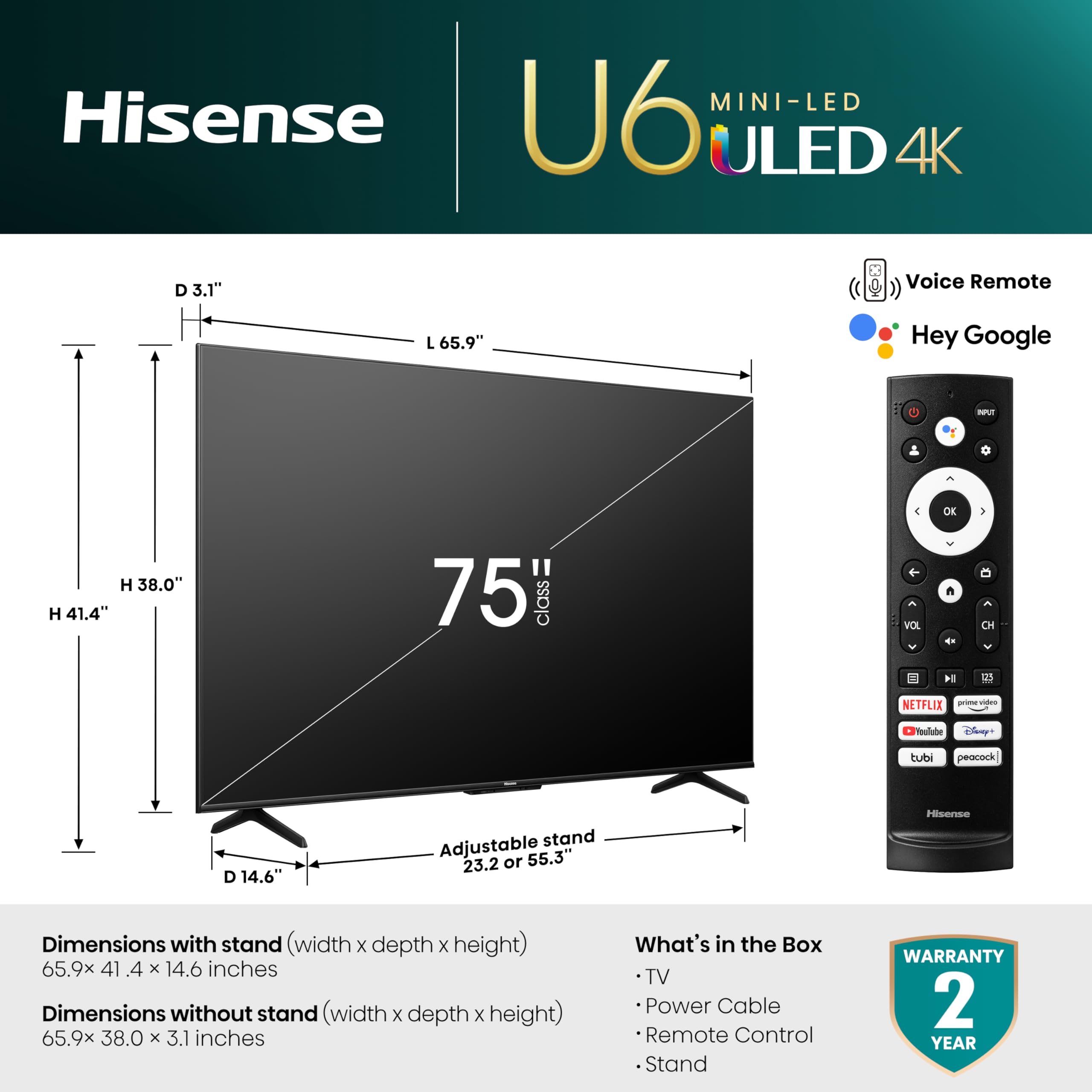 Hisense 75-Inch Class U6 Series Mini-LED ULED 4K UHD Google Smart TV (75U6K) - QLED, Full Array Local Dimming, Dolby Vision IQ，HDR 10+, VRR Game Mode Plus, 240 Motion Rate, Alexa Compatibility