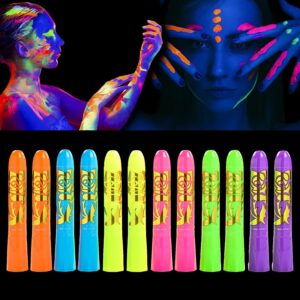 glow king blacklight reactive crayons | glow in the dark paint for face and body | intense luminous sticks for fluorescent parties | colorful uv makeup neon gift | glow markers accessories - 12 pcs