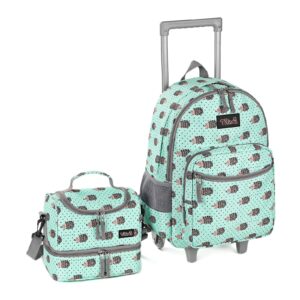 tilami rolling backpack 18 inch double handle with lunch bag wheeled kids backpack for girls and boys, hedgehog green