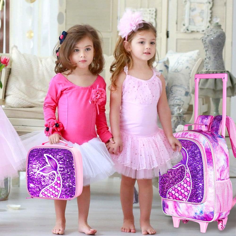 AGSDON 3PCS Rolling Backpack for Girls, Kids Roller Wheels Bookbag, Wheeled School Bag with Lunch Bag - Mermaid Pink