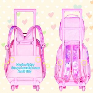 AGSDON 3PCS Rolling Backpack for Girls, Kids Roller Wheels Bookbag, Wheeled School Bag with Lunch Bag - Mermaid Pink