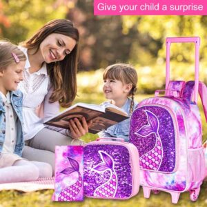 AGSDON 3PCS Rolling Backpack for Girls, Kids Roller Wheels Bookbag, Wheeled School Bag with Lunch Bag - Mermaid Pink