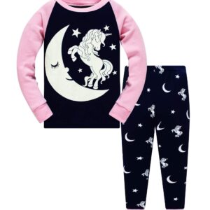 Girls Unicorn Pajamas Glow in the Dark Two Piece Long Sleeve Cotton PJs Toddler Girl Unicorn Shirt Kids Sleepwear 6t/6206