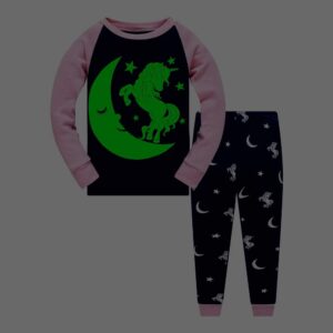 Girls Unicorn Pajamas Glow in the Dark Two Piece Long Sleeve Cotton PJs Toddler Girl Unicorn Shirt Kids Sleepwear 6t/6206