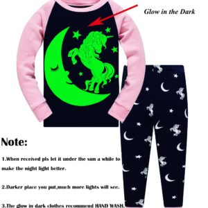 Girls Unicorn Pajamas Glow in the Dark Two Piece Long Sleeve Cotton PJs Toddler Girl Unicorn Shirt Kids Sleepwear 6t/6206