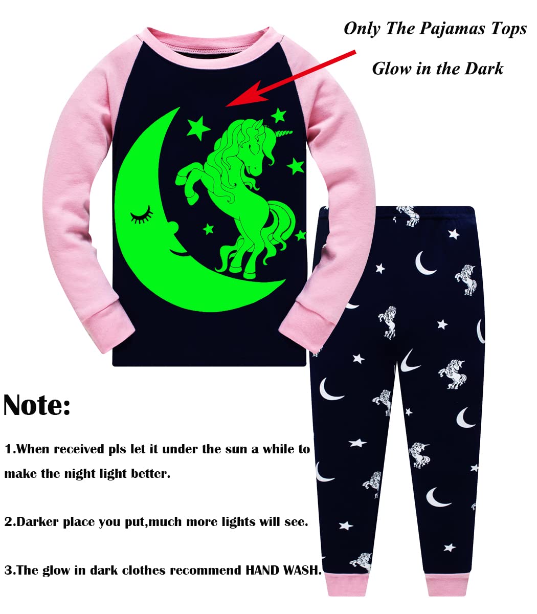 Girls Unicorn Pajamas Glow in the Dark Two Piece Long Sleeve Cotton PJs Toddler Girl Unicorn Shirt Kids Sleepwear 6t/6206