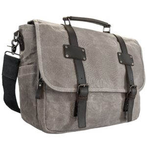 canvas messenger bag for men, laptop case, satchel | office professionals, travel | waxed canvas, genuine leather, smoked metal hardware | trolley sleeve