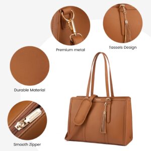 LOVEVOOK Laptop Bag for Women 15.6 inch Lightweight PU Laptop Tote Bag, Large Capacity Computer bag with Clutch Purse for Business, Work, Office, Travel, School,Casual(Brown & Leather)