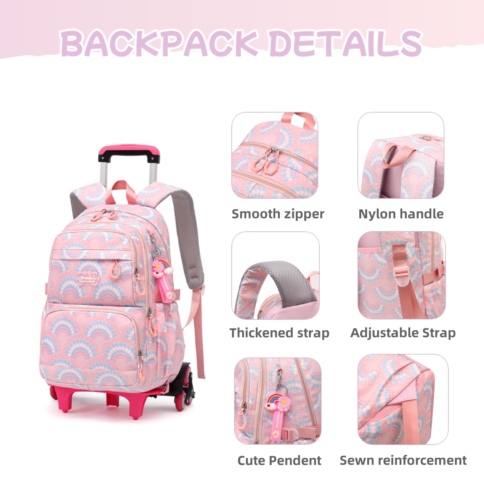 3Pcs Girls Rolling Backpack Kids Bookbag with Wheels Set Elementary Students Outdoors Trolley Schoolbag