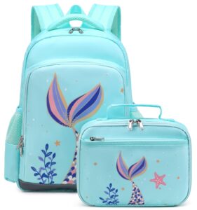 jianya girls backpack for school kids bookbag kindergarten elementary backpack lunch box set, light blue